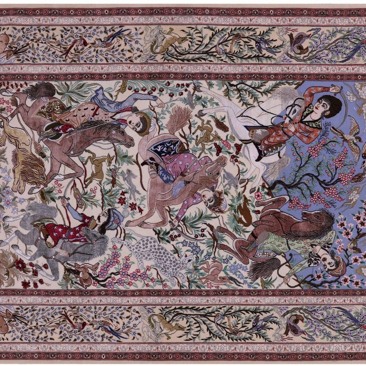 4' 11" X 7' 5" Hand Knotted Wool & Silk Signed Persian Isfahan Hunting ...