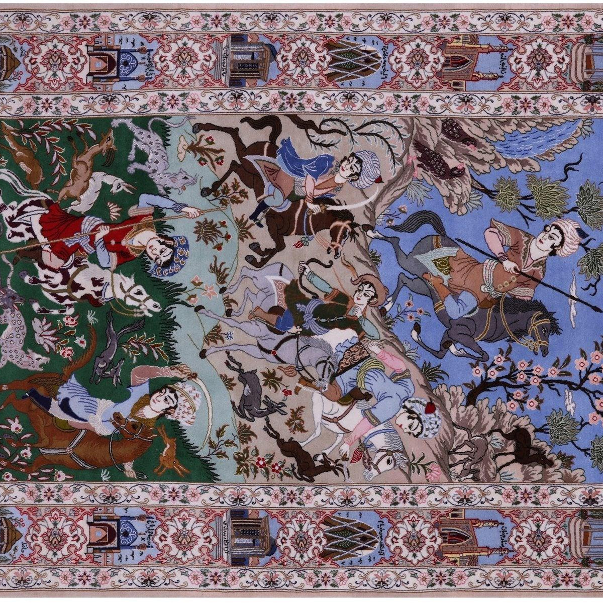 Signed Persian Isfahan Hunting Scene Wool & Silk Area Rug 4' 3" X 6' 6 ...