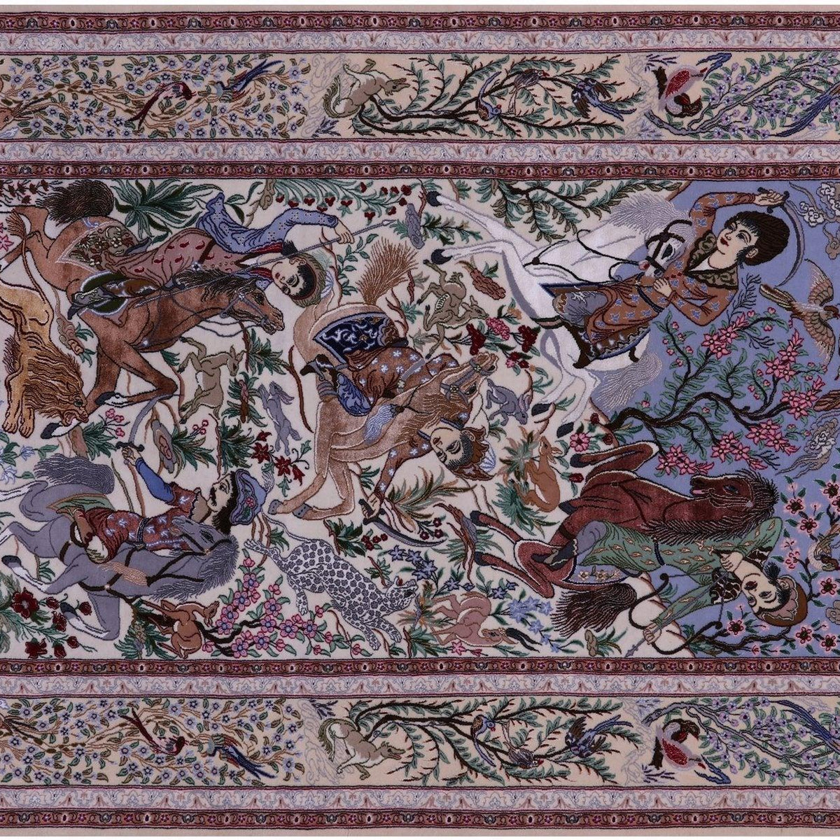 Signed Wool & Silk Persian Isfahan Hunting Scene Rug 5' 0" X 7' 10 ...