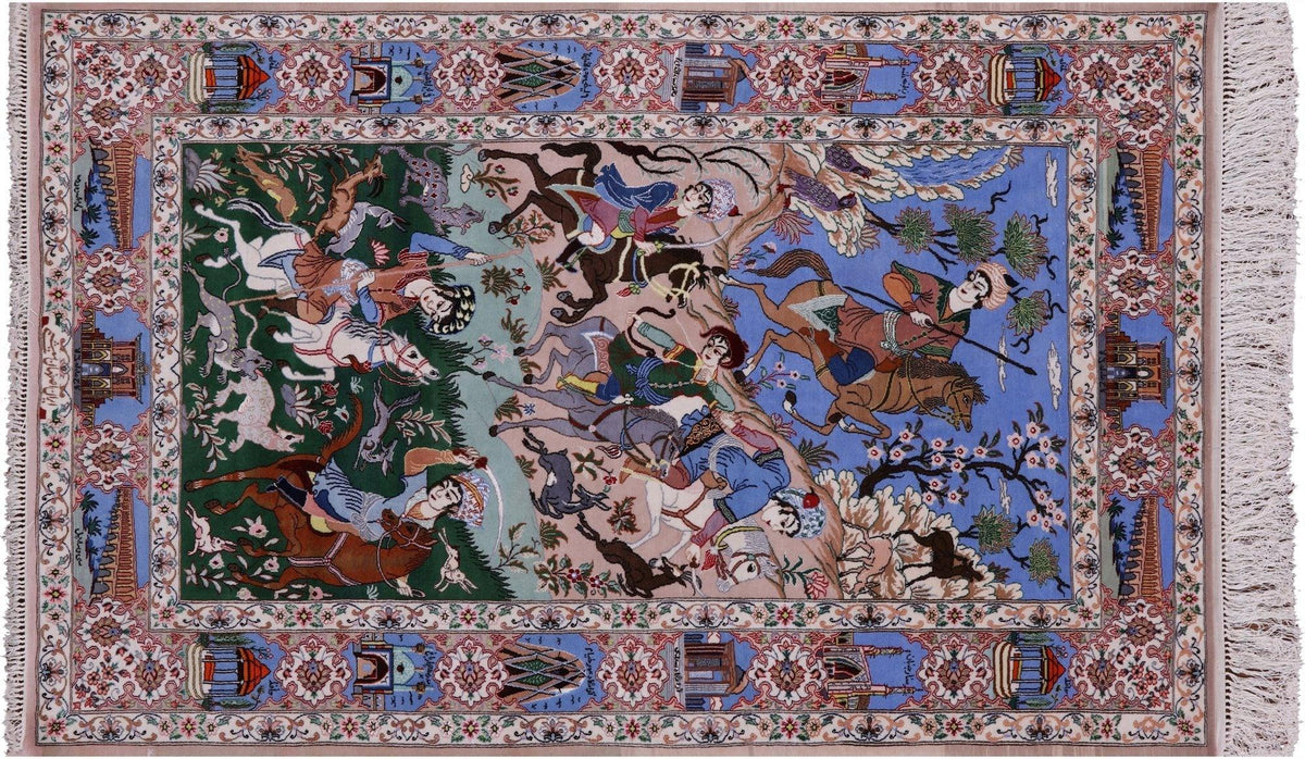 Signed Hand Knotted Persian Isfahan Hunting Scene Wool & Silk Rug 4' 3 ...